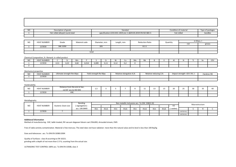 Ø105 Sae 1050 | PDF | Rolling (Metalworking) | Steel