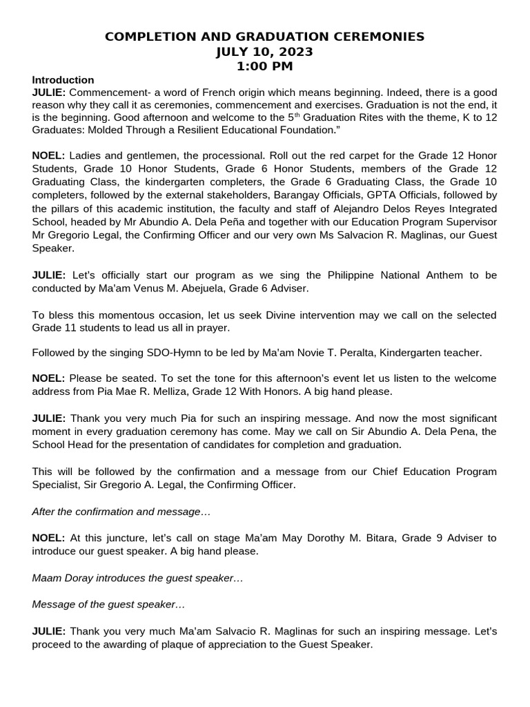 Completion and Graduation Ceremonies Hosting Script 2023 | PDF