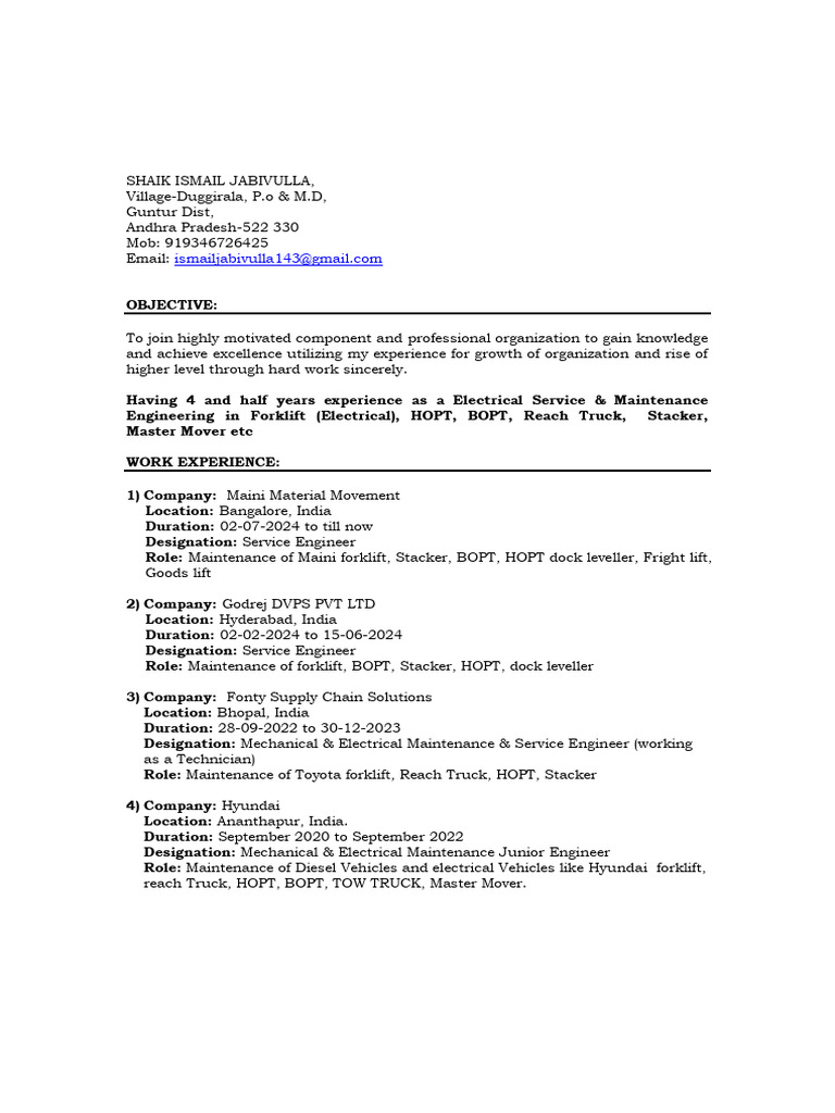 SHAIK ISMAIL JABIVULLA Resume | PDF | Forklift | Transport