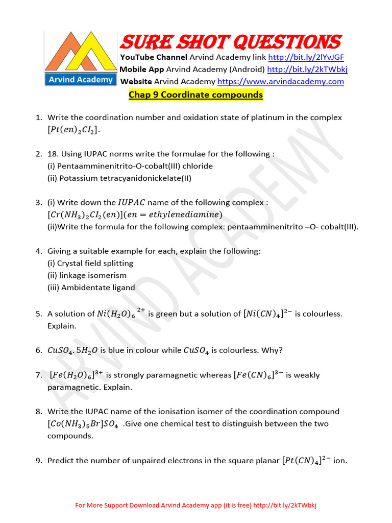 Question Chap 09 Coordinate Compounds - 80134 | PDF | Coordination Complex | Materials Science