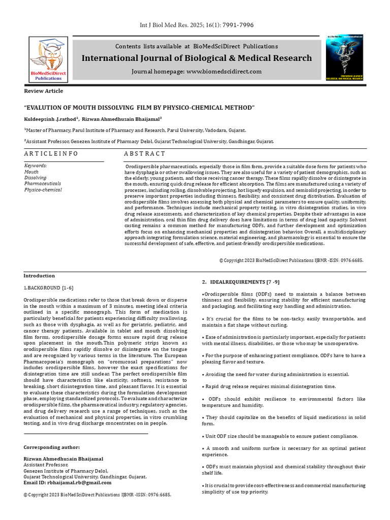 Evalution of Mouth Dissolving Film by Physico-Chemical Method | PDF ...