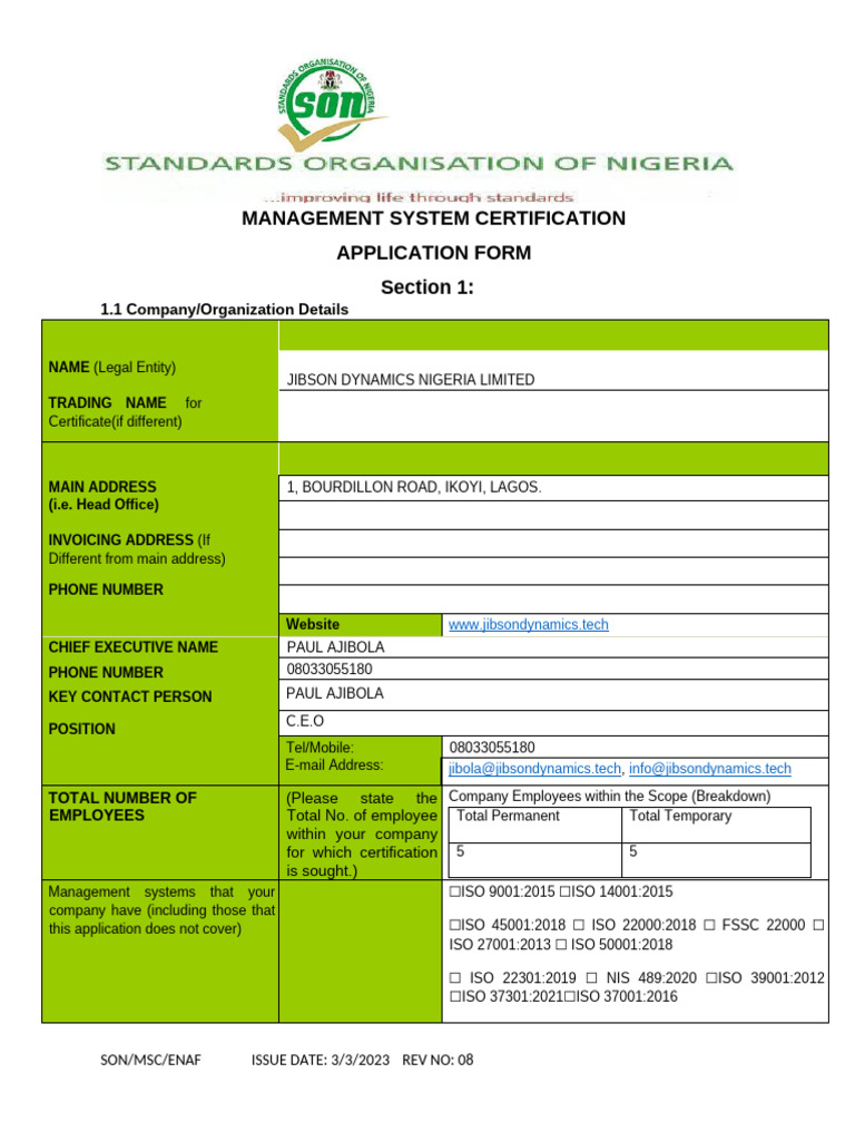 Son-msc Application Form (Reviewed) | PDF | Foods | Quality Management