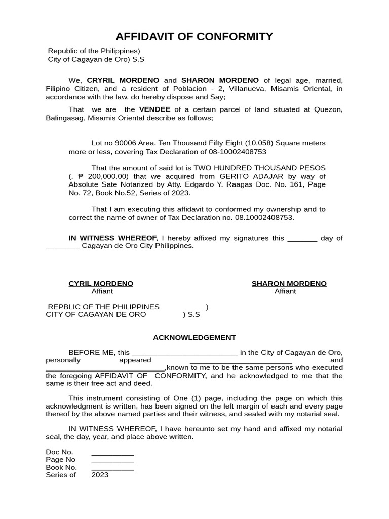 Affidavit of Conformity for Land Ownership | PDF