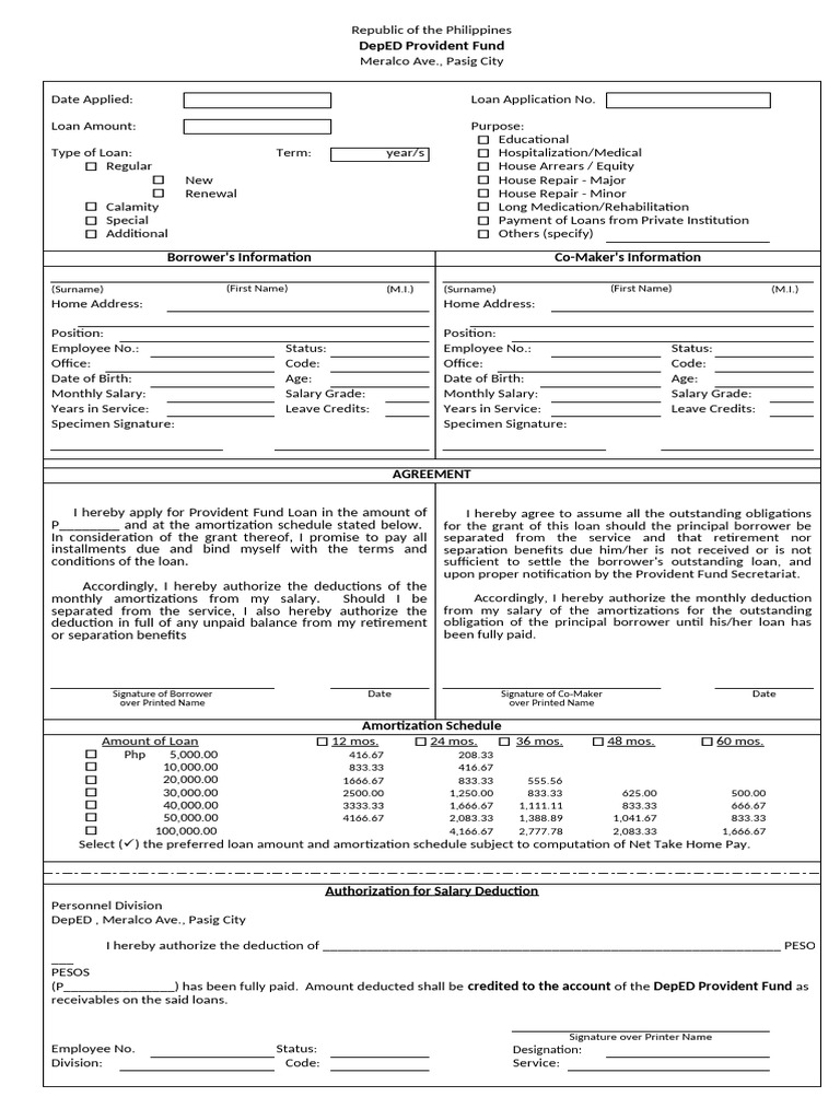 DepEd Provident Fund Loan Application | PDF | Loans | Salary