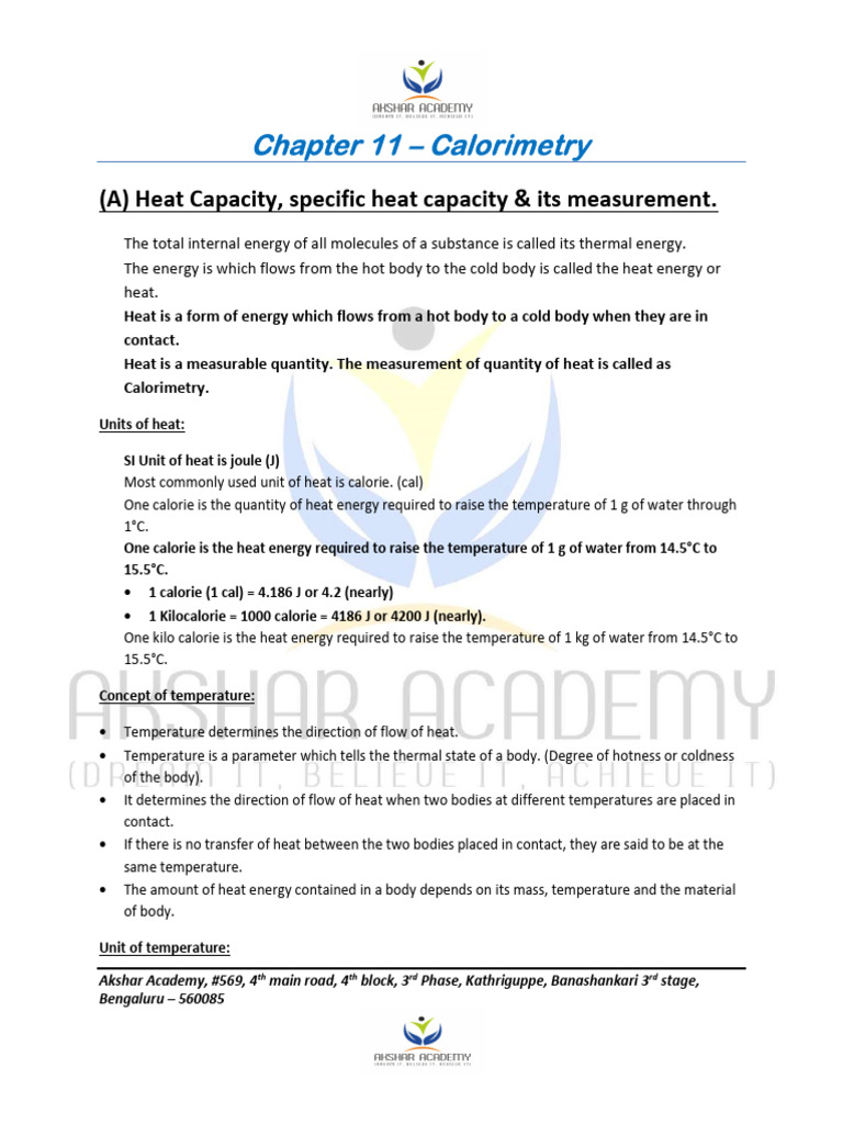 Chapter 11 - Calorimetry PDF - 241212 - 202021 | PDF | Calorie | Heat