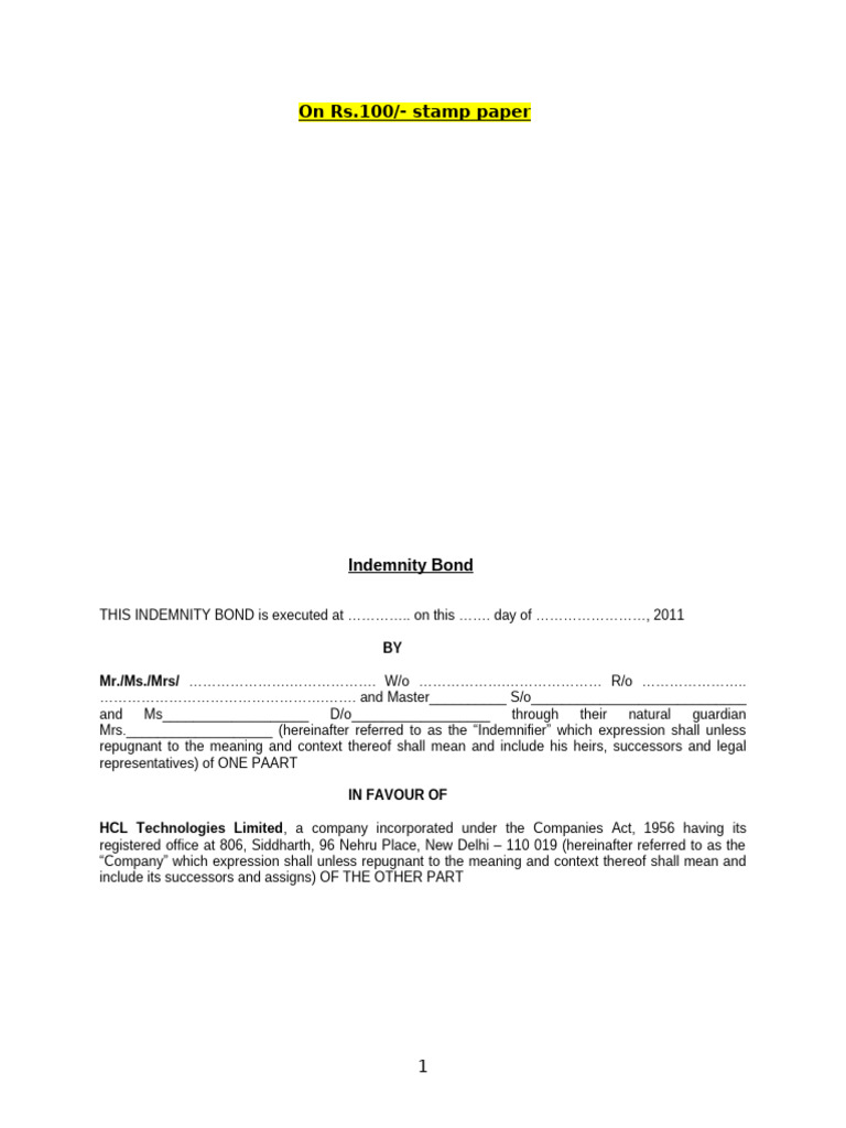 GTLI, EDLI, Gratuity, FNF_Indemnity Bond - Claiming Party | PDF ...