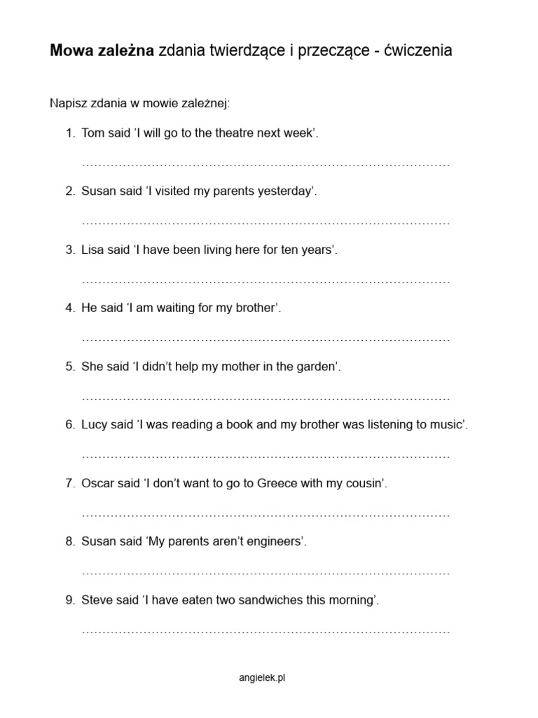Mowa Zalezna Zdania Twierdzace I Przeczace Cwiczenia | PDF