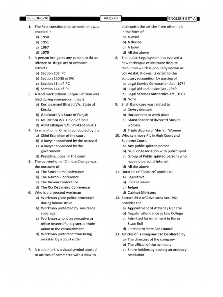 AIBE Previous Year Question Papers | PDF | Bail | Judgment (Law)