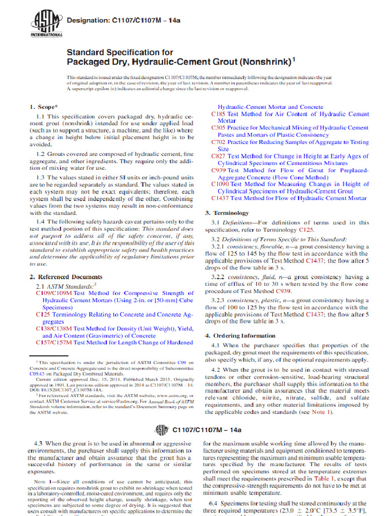 ASTM C1107-1107M-14a Non-Shrink Grout | PDF