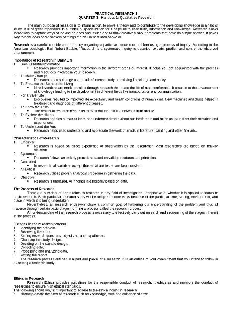 PRACTICAL RESEARCH 1 HandOut 1 | PDF | Qualitative Research ...