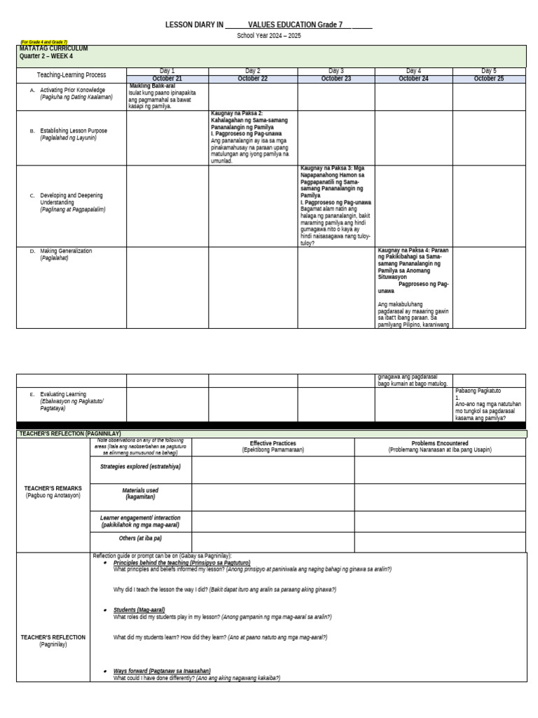 Q2-MATATAG-Lesson-Diary-W4 | PDF