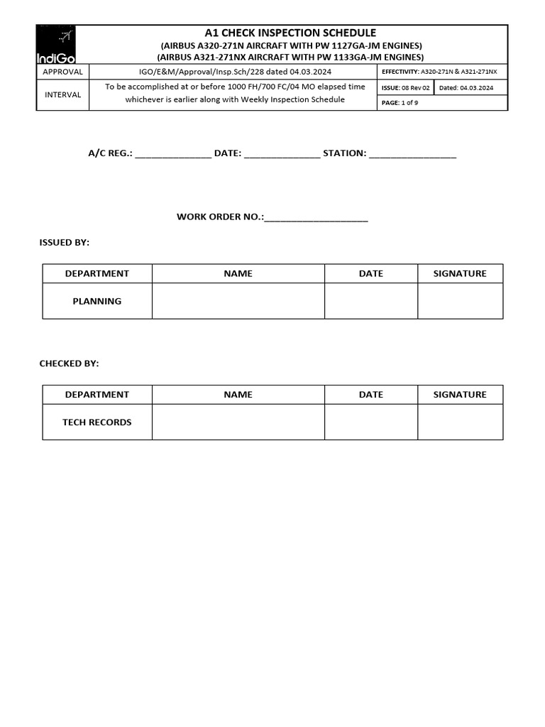 A1 Check Inspection Schedule Issue 08 Rev 02 (PW) Wef 12 Mar 24 | PDF ...