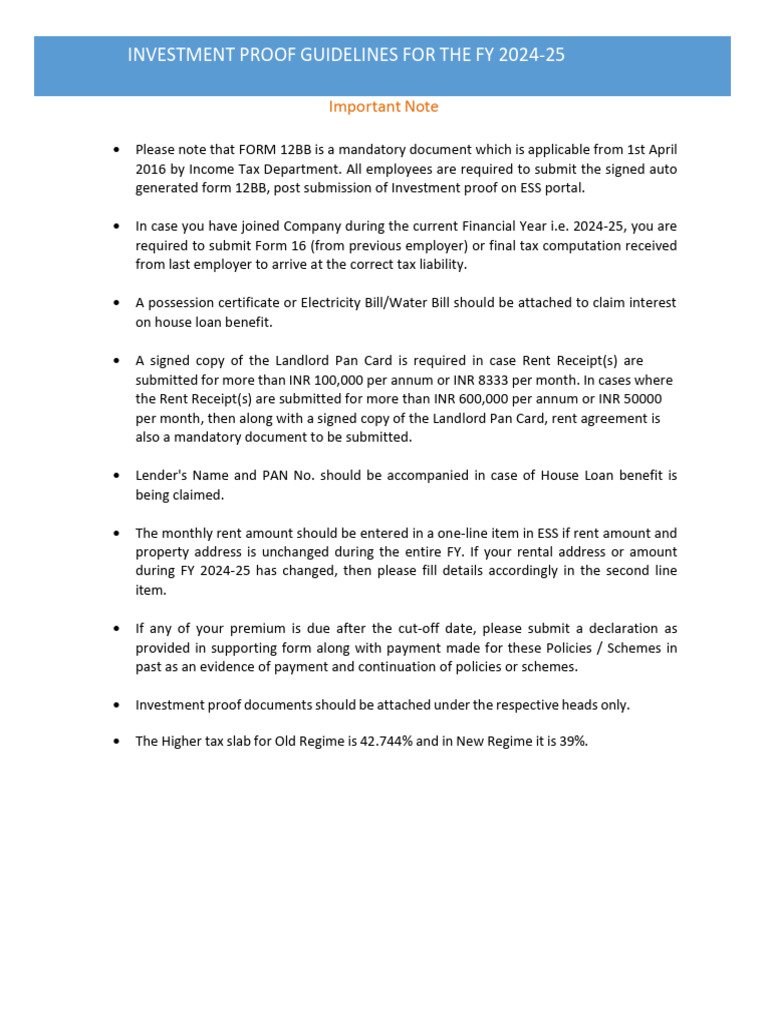 FY 2024-25 Investment Proof Guide | PDF | Insurance | Banks