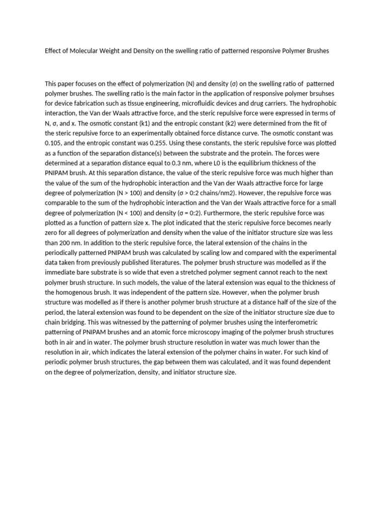 Impact of Polymer Properties on Swelling Ratio | PDF | Polymers | Force