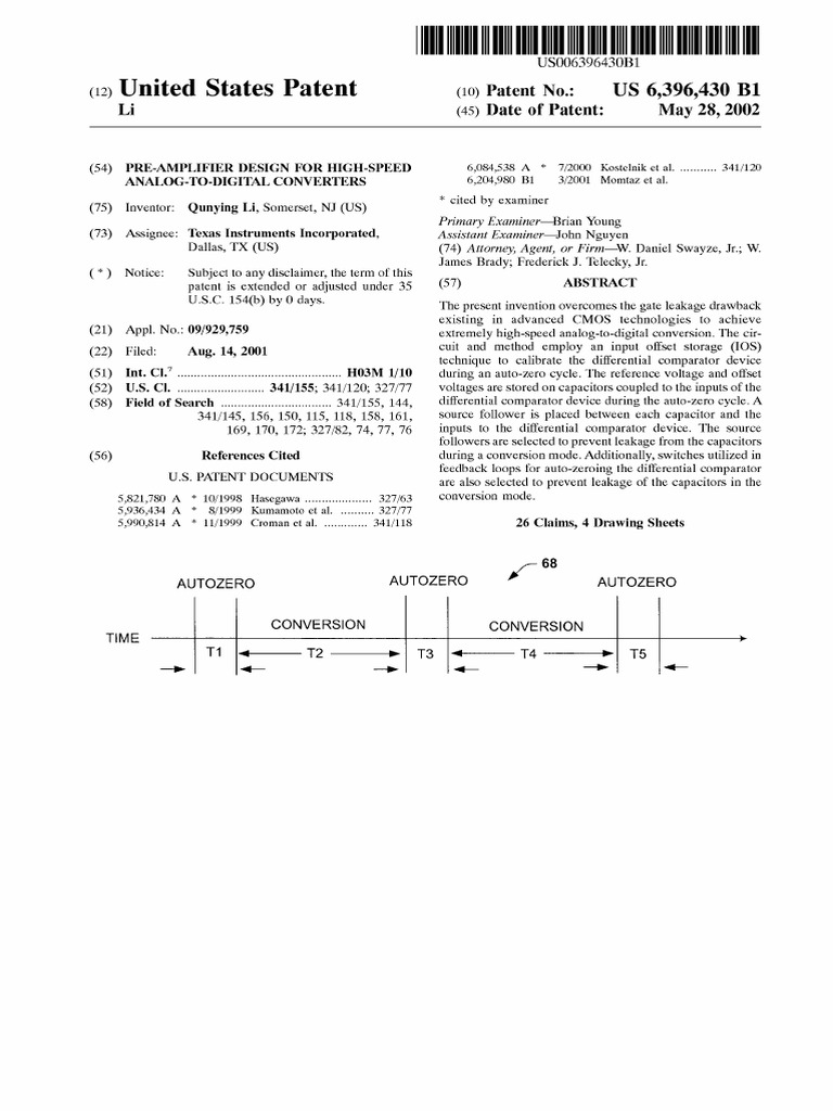 US6396430 (2001) - TI-Pre-Amplifier Design For High-Speed Analog-To ...