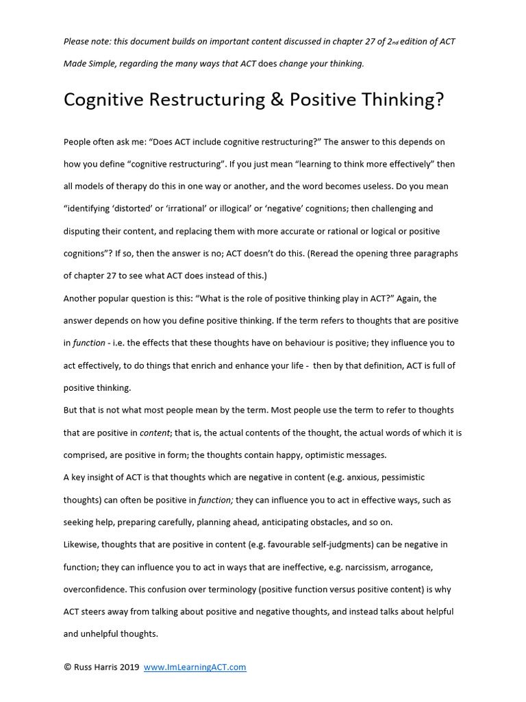 ACT vs. Cognitive Restructuring | PDF | Thought | Optimism