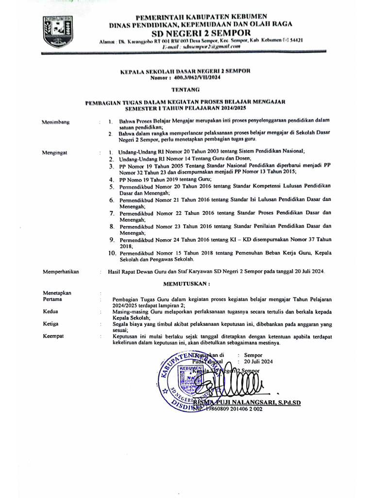 SK_PEMBAGIAN TUGAS MENGAJAR SMT 1 TP 2024-2025 | PDF
