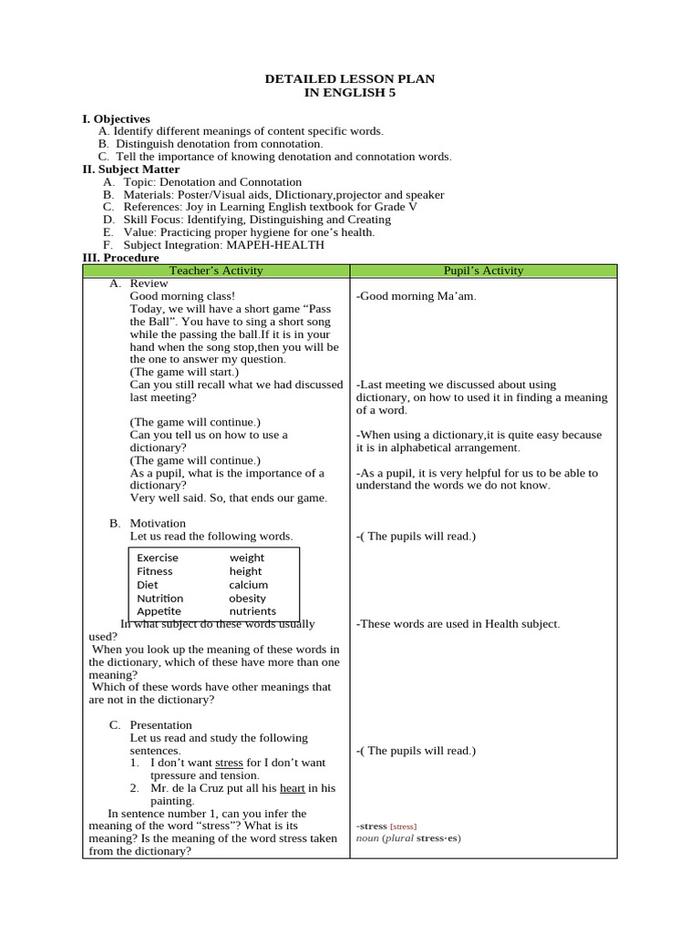 ENGLISH 5 LP_DENOTATION AND CONNOTATION | PDF | Heart | Lesson Plan