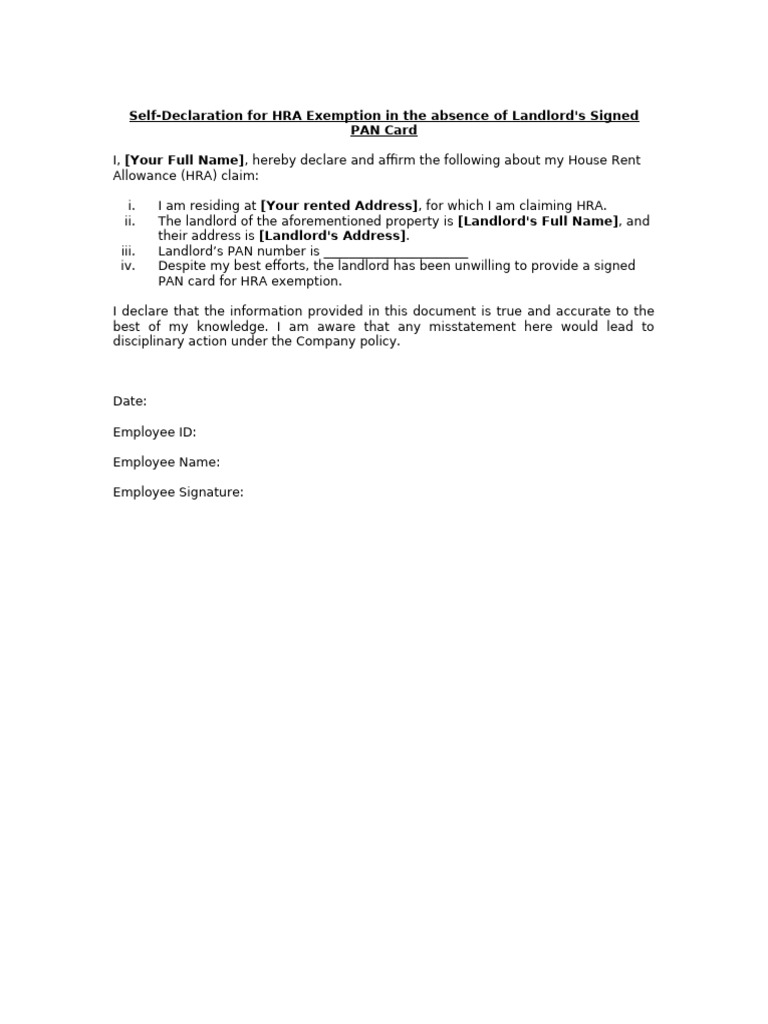 Self-Declaration for HRA Exemption in the Absence of Landlord's Signed PAN Card | PDF