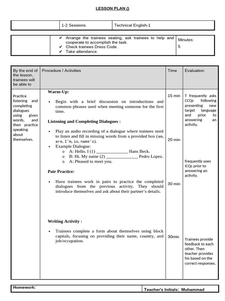 Lesson Plan-Technical English L-1 | PDF | Teaching | Behavior Modification