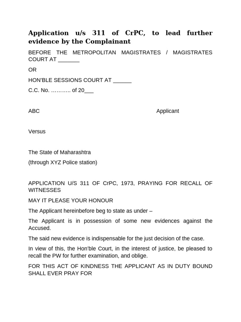 Application Section 311 of CRPC, To Lead Further Evidence by The ...