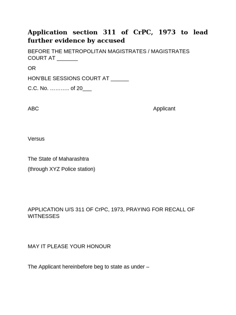 Application Section 311 of CRPC, 1973 To Lead Further Evidence by Accused | PDF