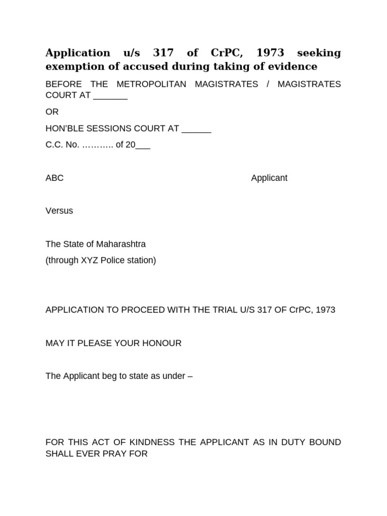 Exemption Request for Accused Under CrPC 317 | PDF