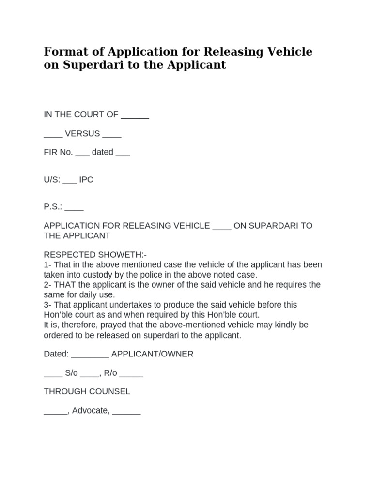 Format of Application For Releasing Vehicle On Superdari To The Applicant | PDF
