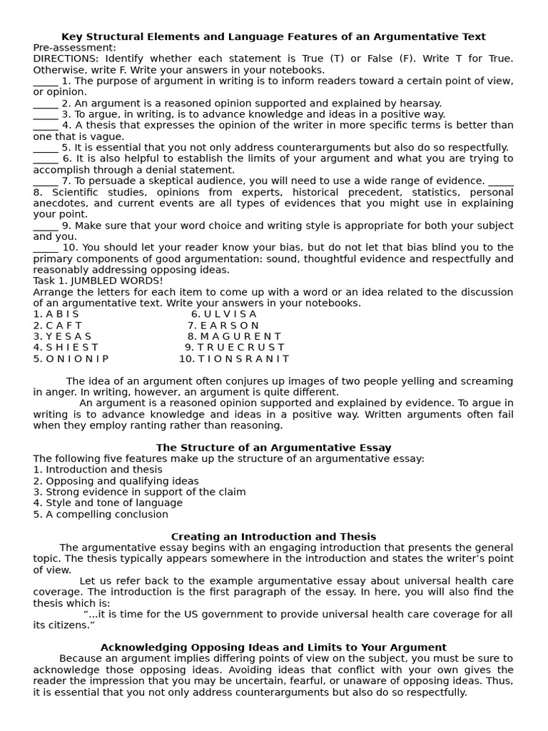 Quarter 3 Reteach Key Structural Elements in Argumentative Text | PDF ...