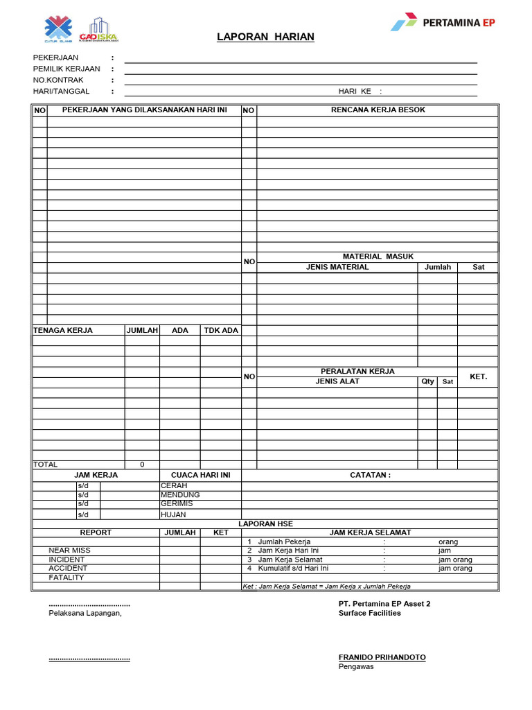 Laporan Harian Pekerjaan dan HSE | PDF