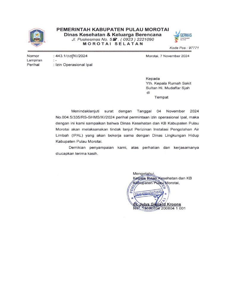 Surat Ijin Operasional Ipal | PDF