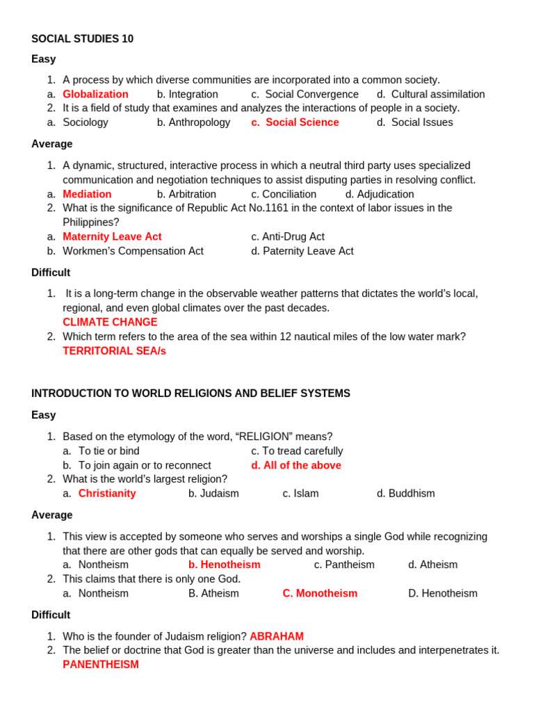 Quiz Bee Questions Social Studies Religion and Diss | PDF | Social ...