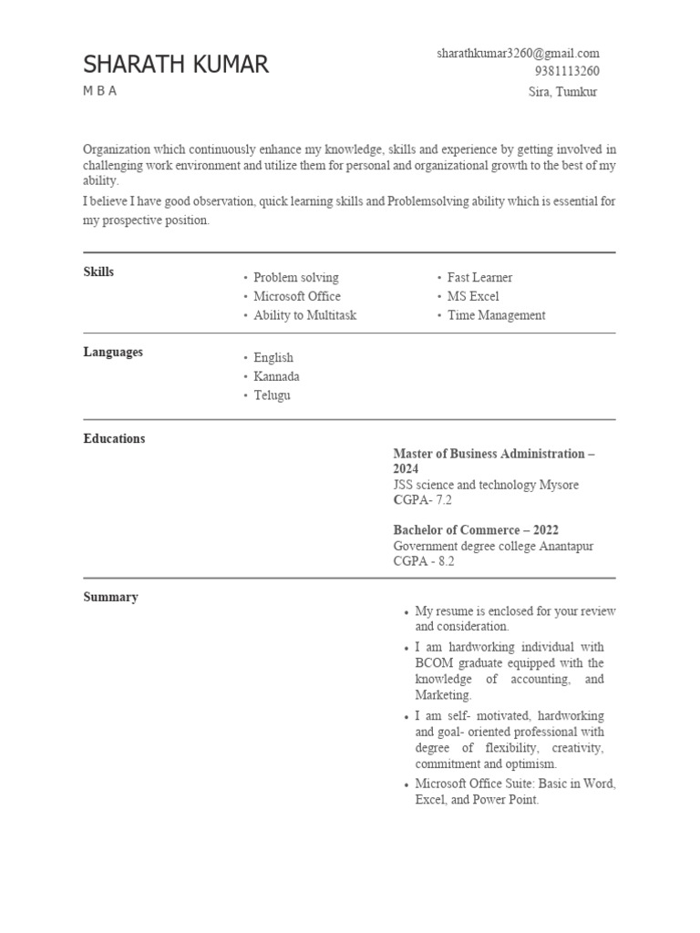 Sharath resume MBA | PDF | Payments | Marketing