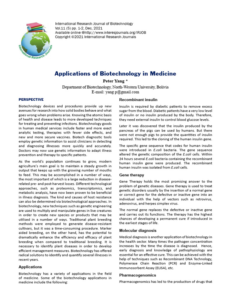 Applications of Biotechnology in Medicine | PDF | Biotechnology | Insulin