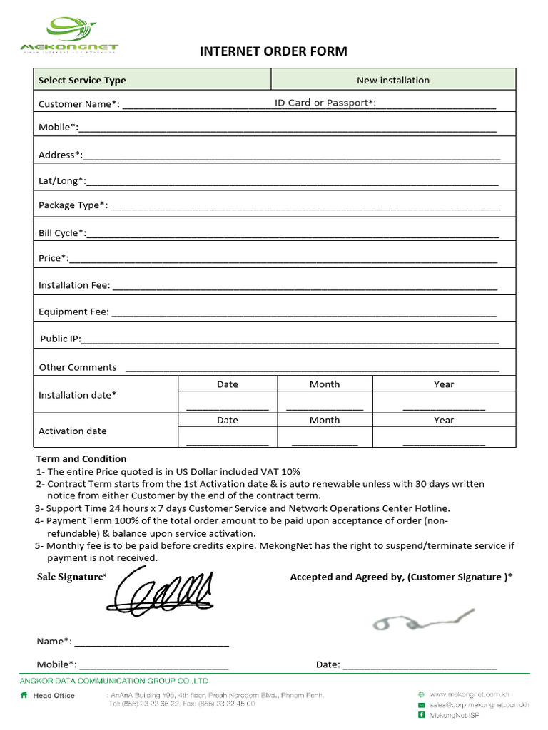 Internet Order Form for New Installation | PDF