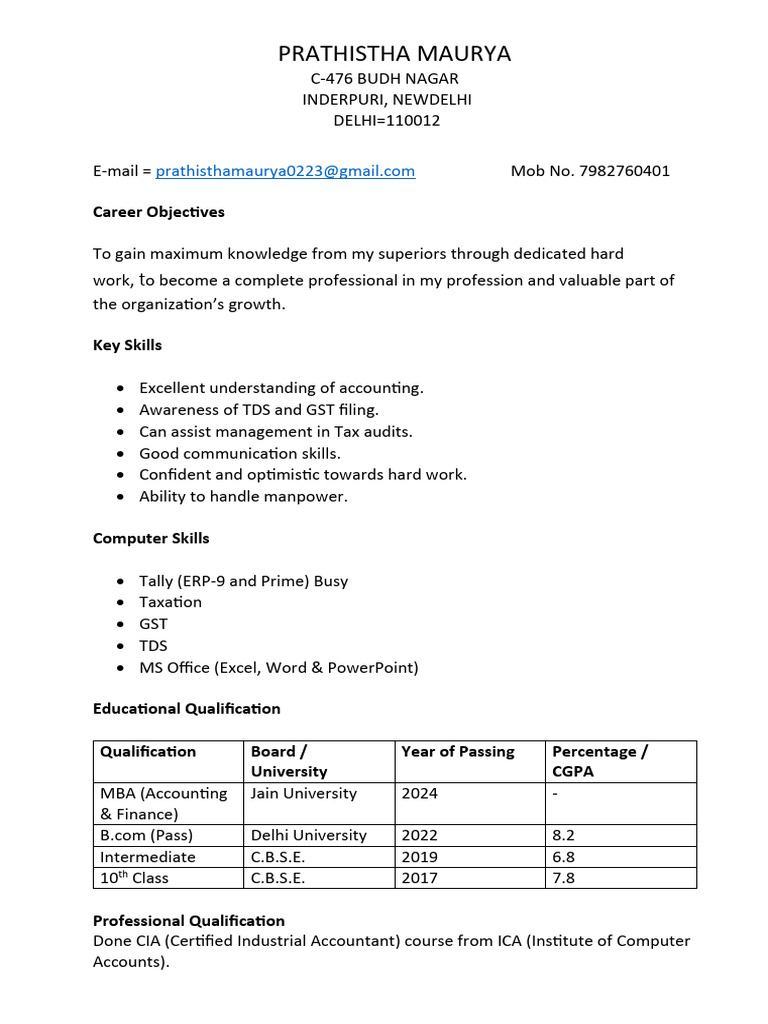 Prathistha Maurya CV | PDF