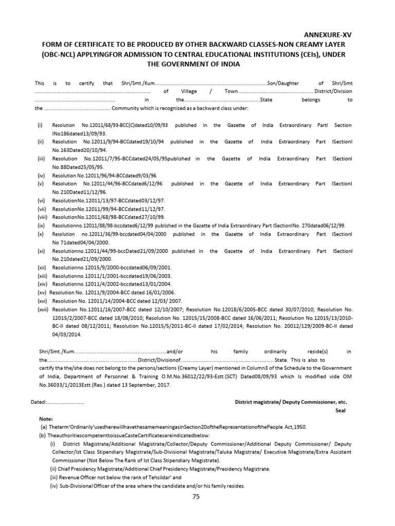 OBC (Central Certificate) | PDF | Government Of India