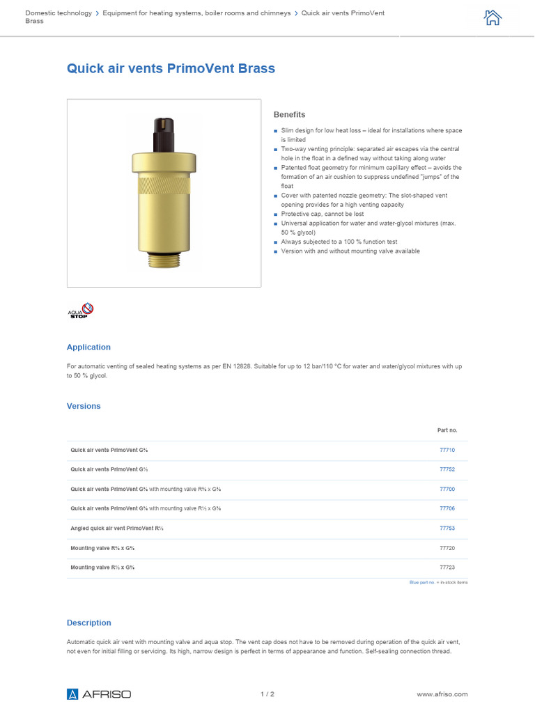 Quick Air Vents PrimoVent Brass DB En | PDF | Valve | Ventilation ...