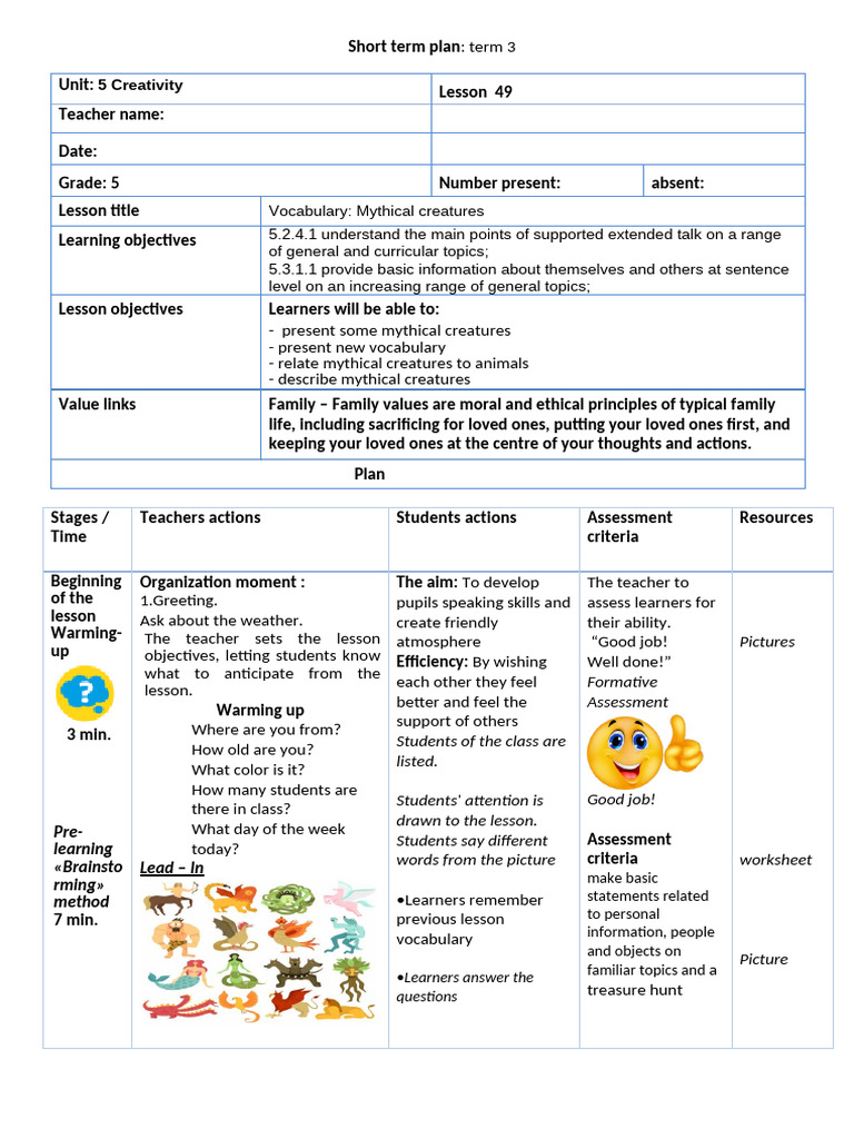 Lesson Plan: Mythical Creatures Unit | PDF | Question | Learning