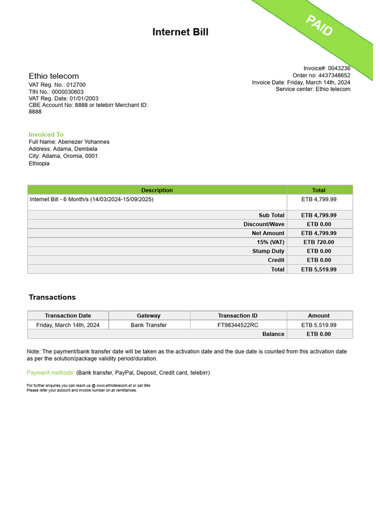 Ethiopian Web Hosting Bill | PDF | Invoice | Service Industries