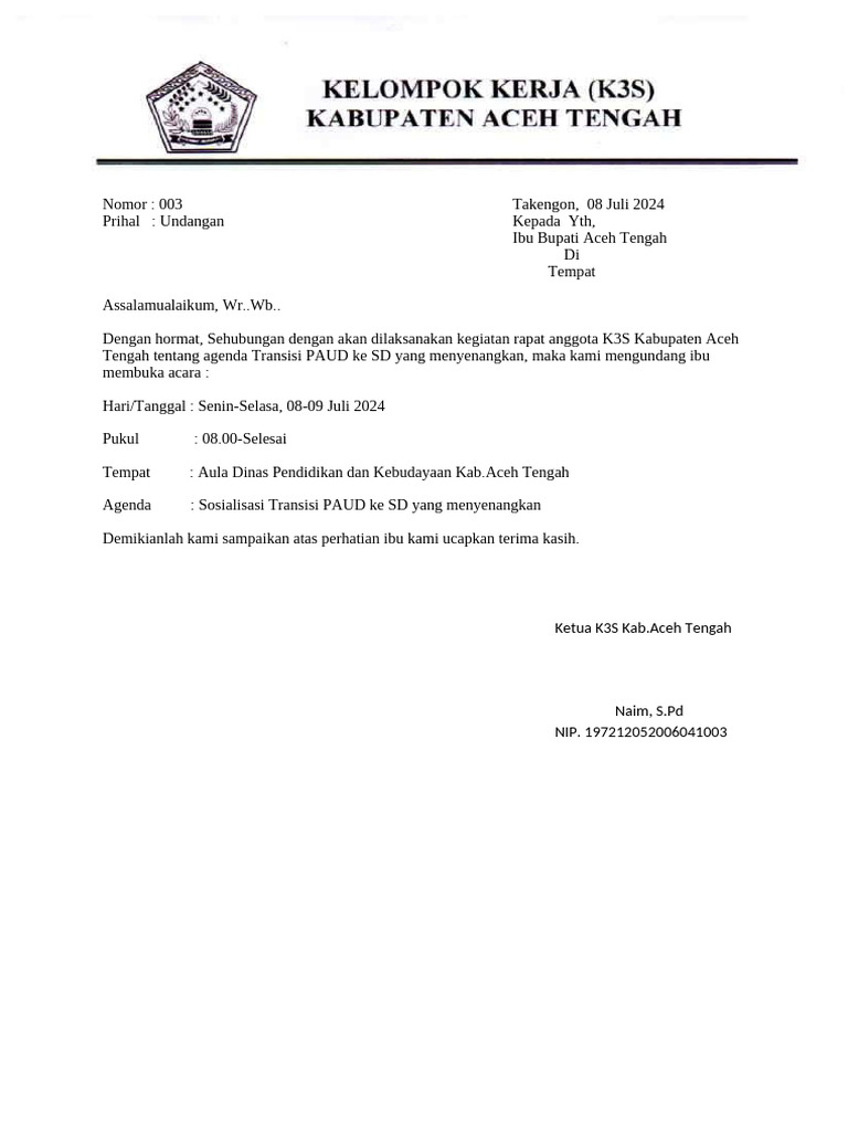 Undangan K3S Transisi Paud SD | PDF