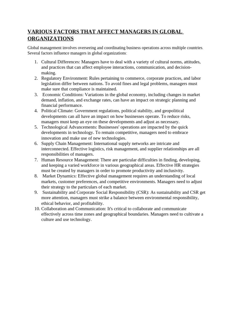 Various Factors That Affect Managers in Global Organizations | PDF