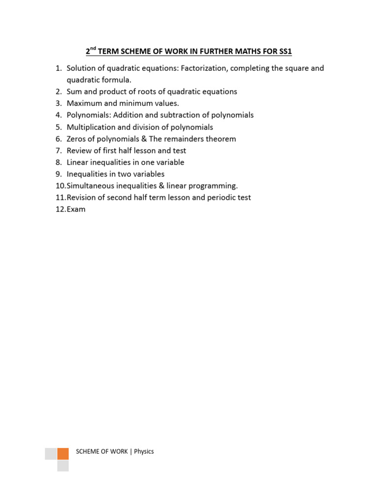 Scheme of Work Ss1 2nd Term - Further Maths | PDF