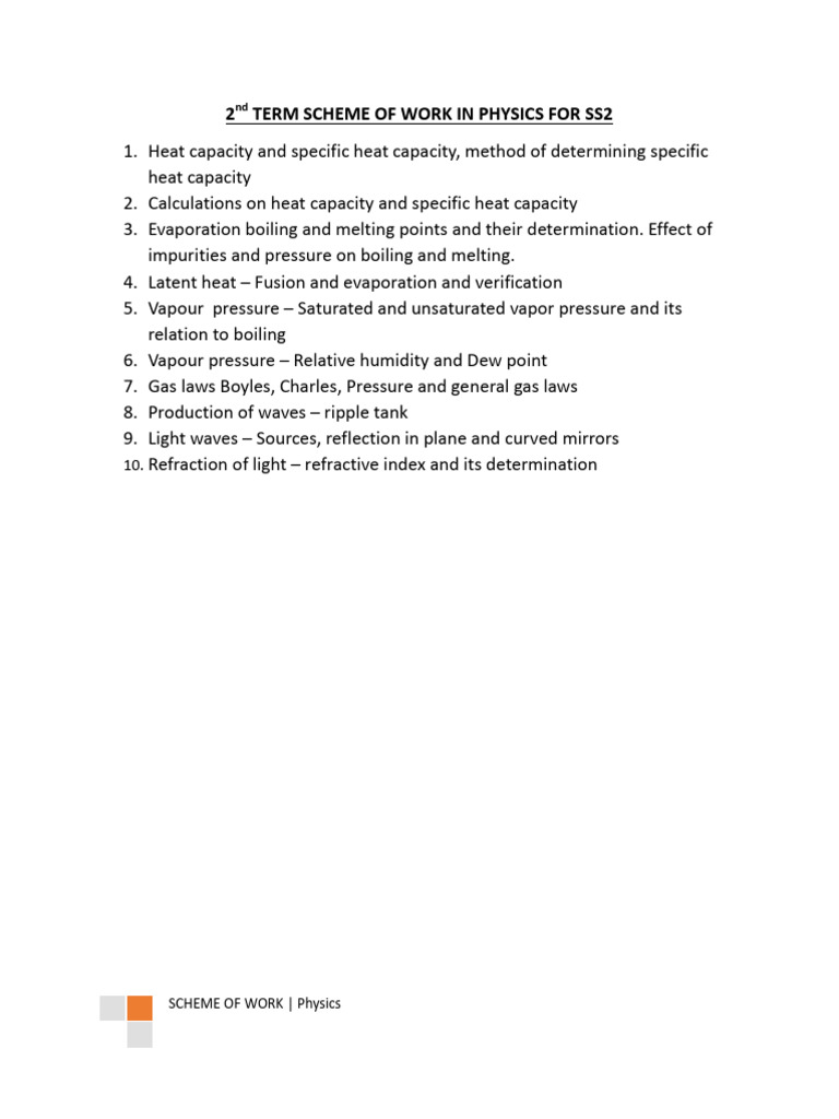 Scheme of Work Ss2a 2nd Term - Physics | PDF