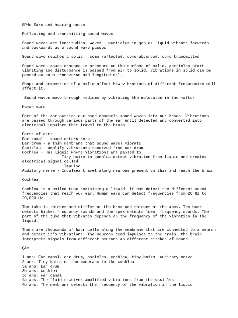 SP4e Ears and Hearing Notes | PDF | Sound | Ear