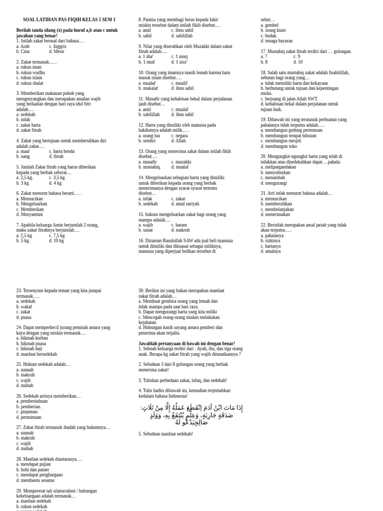 Soal Latihan Fiqih Kelas 5 Semester 1 | PDF