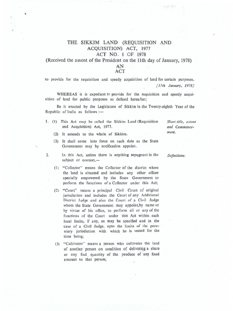 1977 THE SIKKIM LAND (REQUISITION AND ACQUISITION) ACT - Edited ...