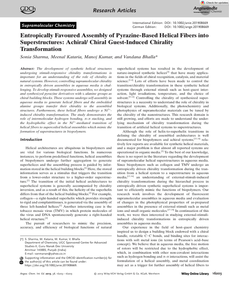 Angew Chem Int Ed - 2019 - Sharma - Entropically Favoured Assembly of ...