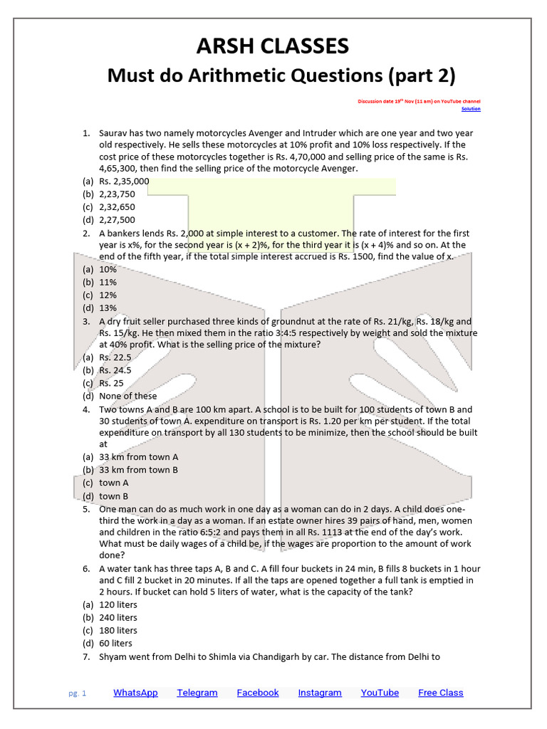 Must do Arithmetic questions (part 2) | PDF | Percentage | Interest