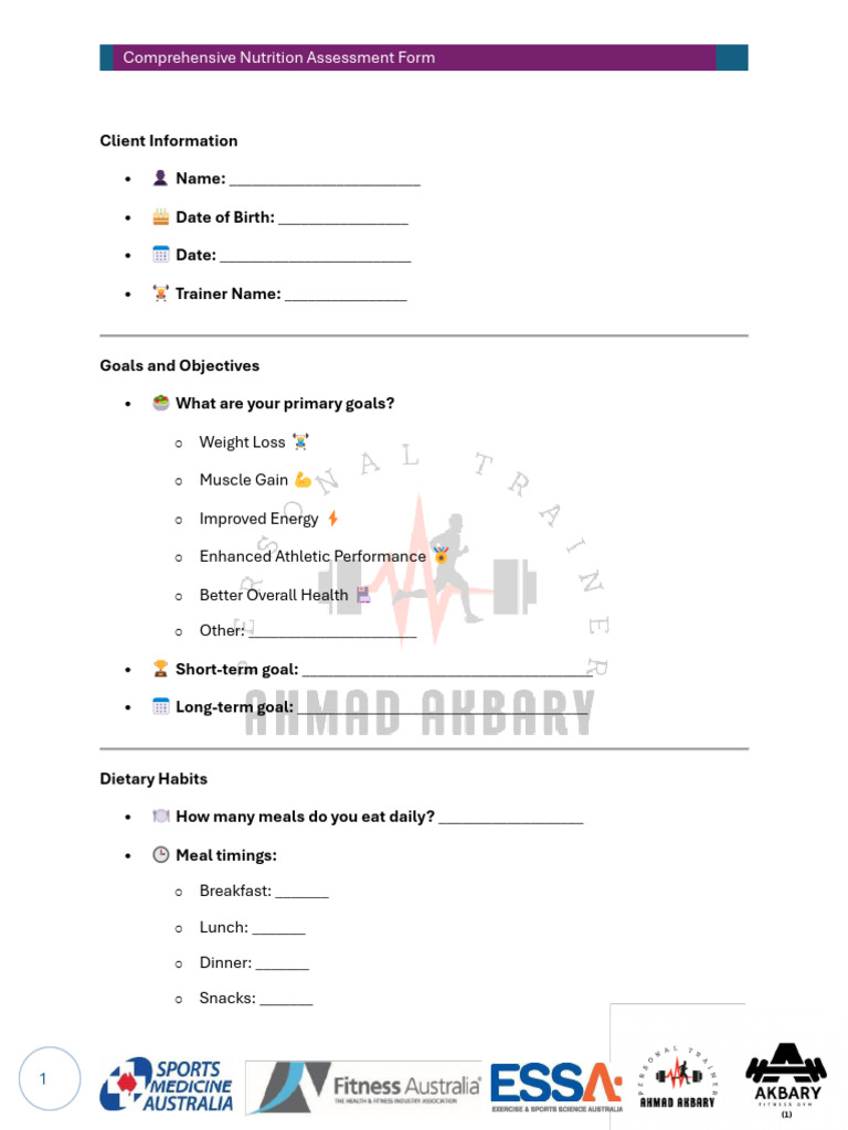 Nutrition Assessment Form Template | PDF | Diet (Nutrition) | Diet ...
